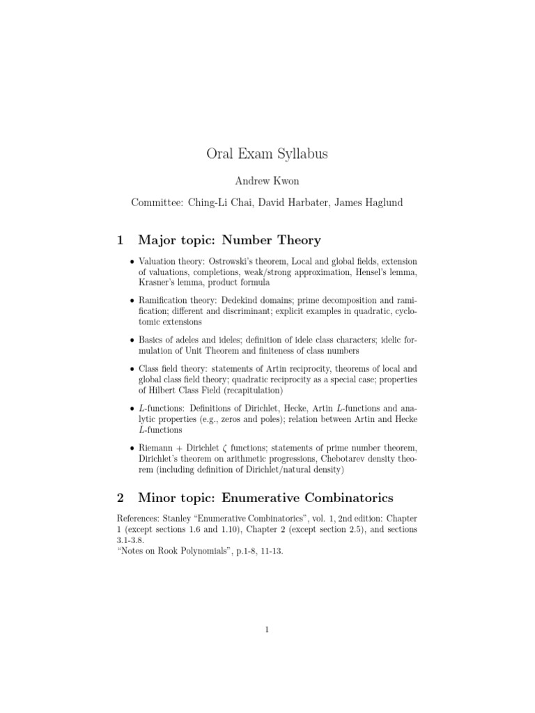 Number Theory Oral Exam Syllabus | PDF
