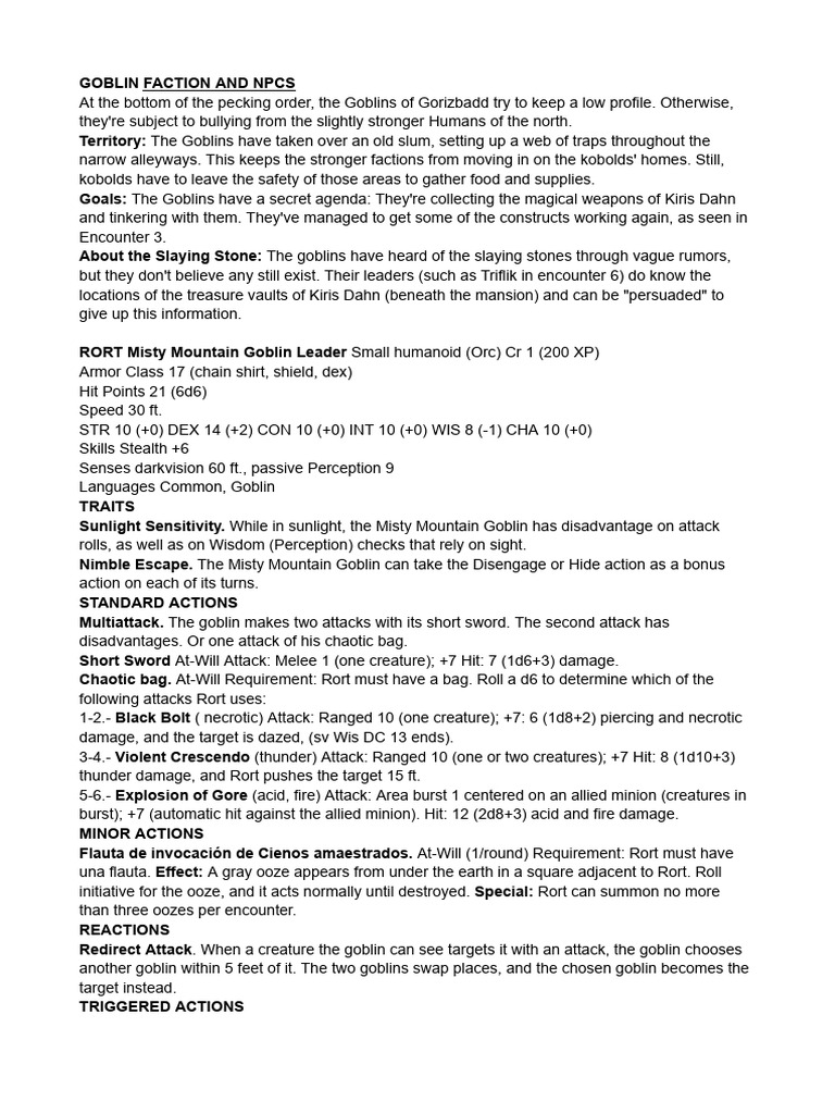 Goblin Faction Overview and NPCs Guide | PDF