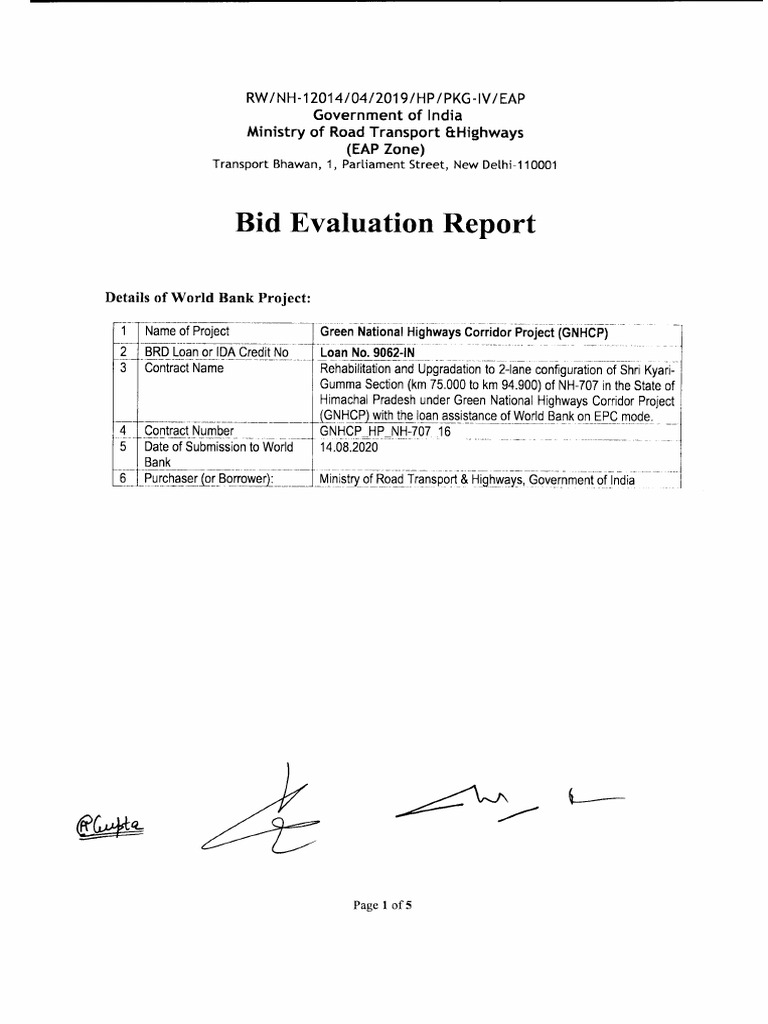 Bid Evaluation Report for NH-707 Project | PDF