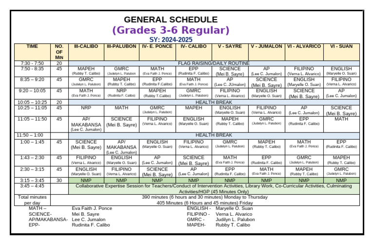 2024-2025 Grades 3-6 Class Schedule | PDF