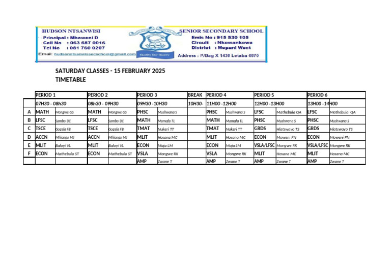 Saturday Class Timetable - 15 Feb 2025 | PDF