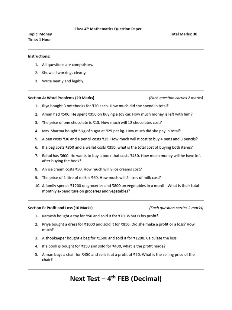 Class 4th Mathematics Question Paper | PDF