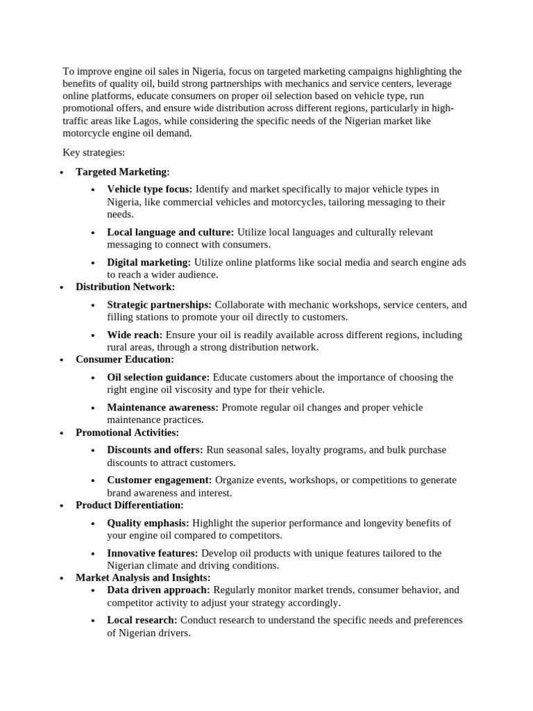 Strategies for Nigeria's Engine Oil Market | PDF | Marketing | Brand