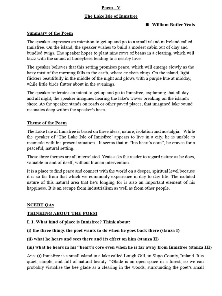 Poem-V - The Lake Isle of Innisfree | PDF