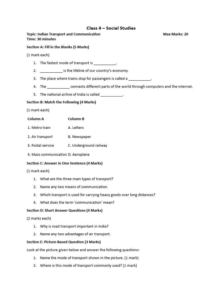 Class 4 Transport & Communication Worksheet | PDF