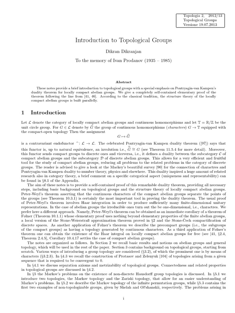 DIKRANJAN__INTRODUCTION_TO_TOPOLOGICAL_GROUPS | PDF | Group (Mathematics) | General Topology