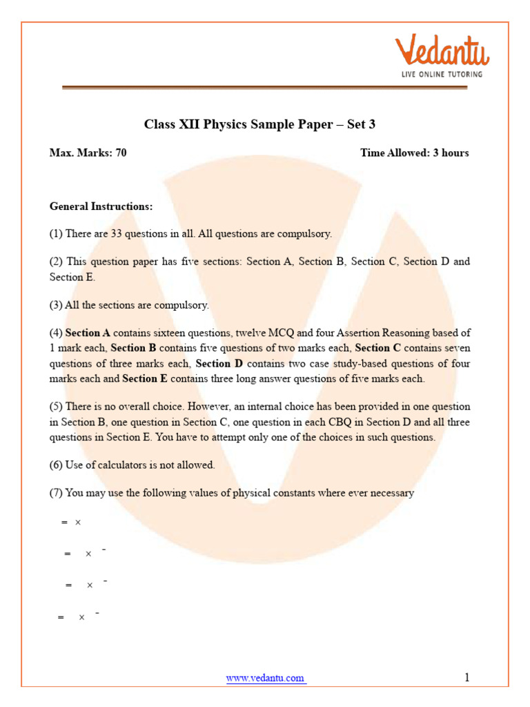 CBSE Class 12 Physics Sample Paper Set 3 With Solutions (2024-25) PDF | PDF | Electronvolt ...