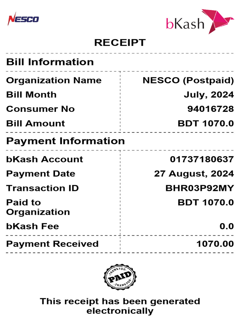 NESCO Bill Receipt for July 2024 | PDF