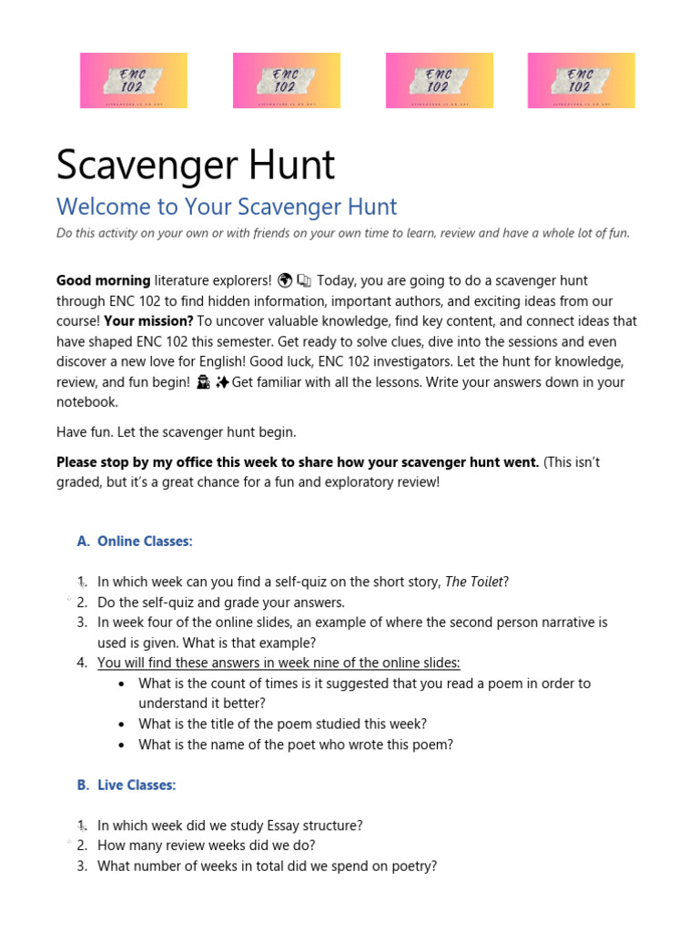 ENC 102 Scavenger Hunt Activity Guide | PDF | Poetry | Writing