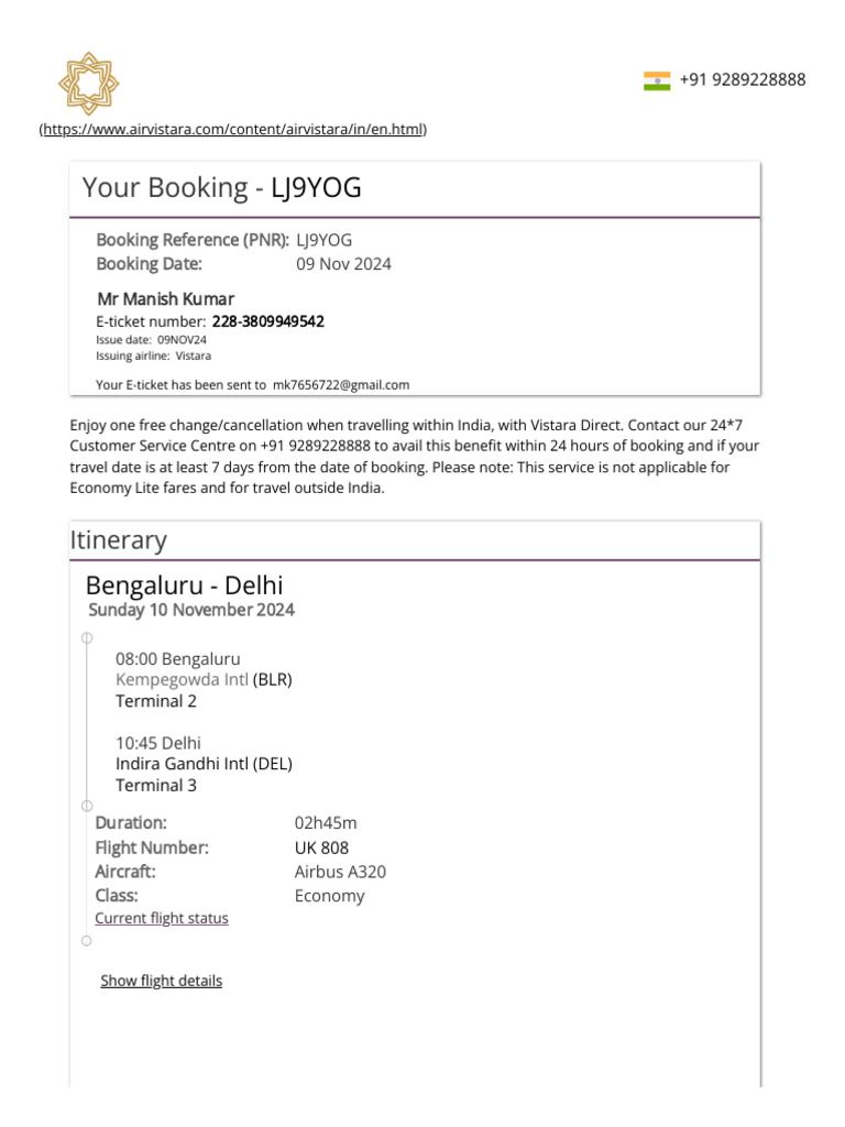 Vistara Manish - Confirm | PDF