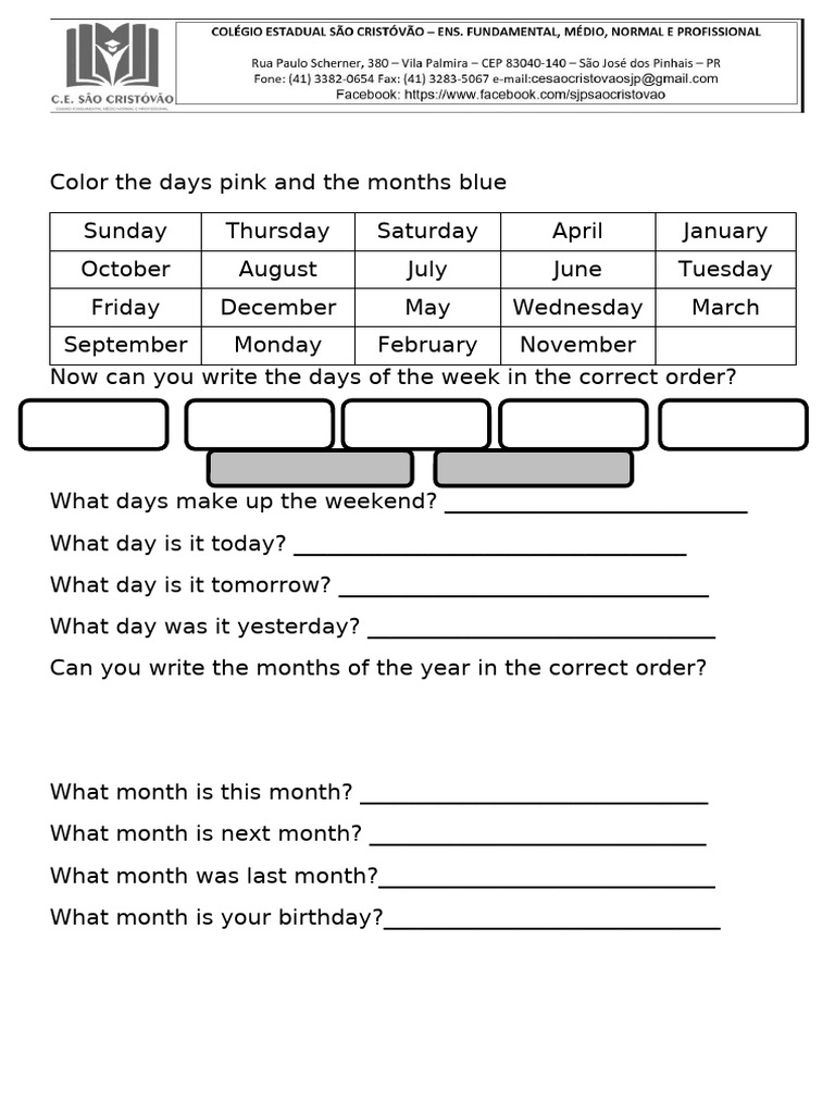 Numeracy Months and Days Homework | PDF