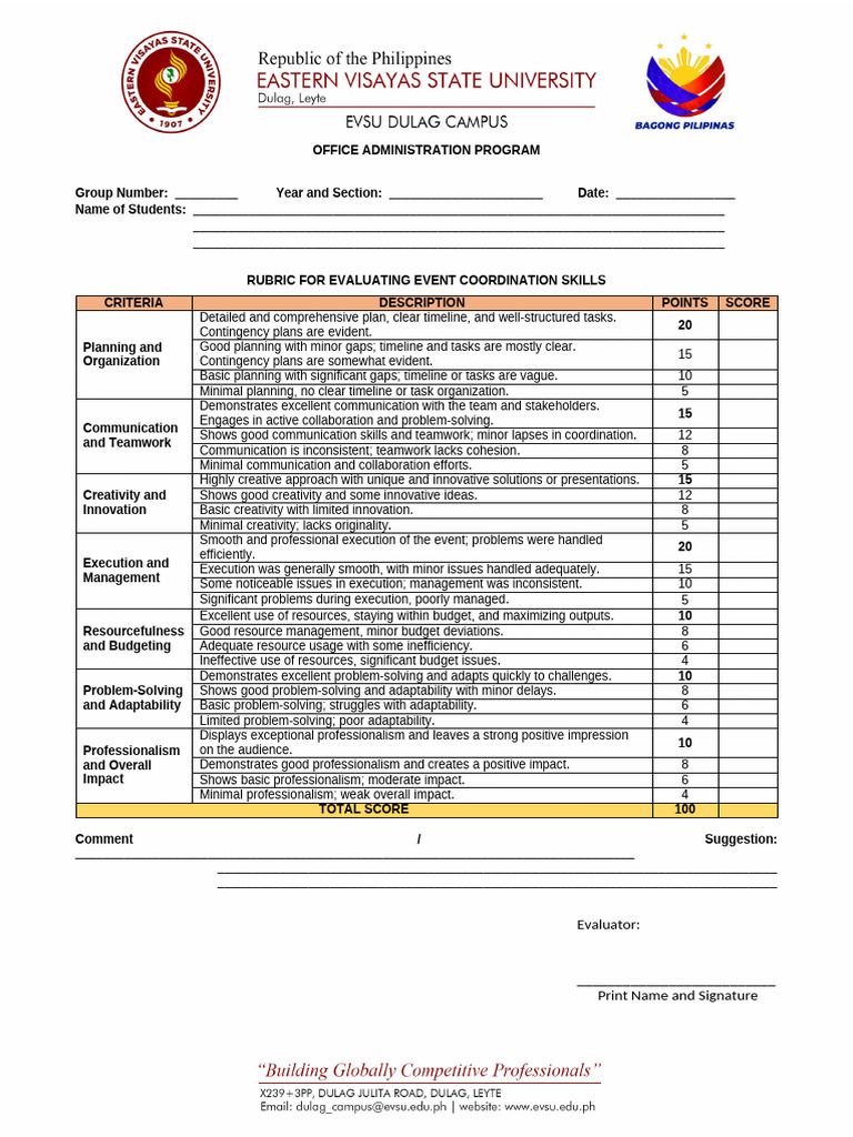 RUBRICS Coordinating An Event | PDF | Creativity | Business