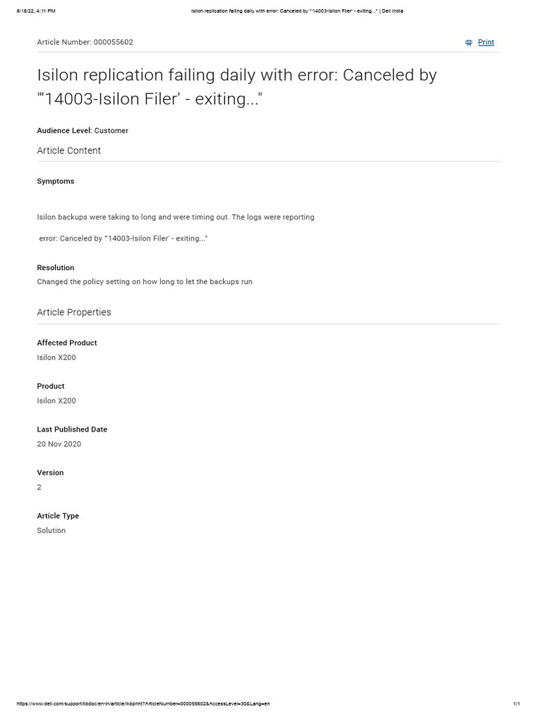 Isilon replication failing daily with error_ Canceled by _'14003-Isilon Filer' - exiting ...