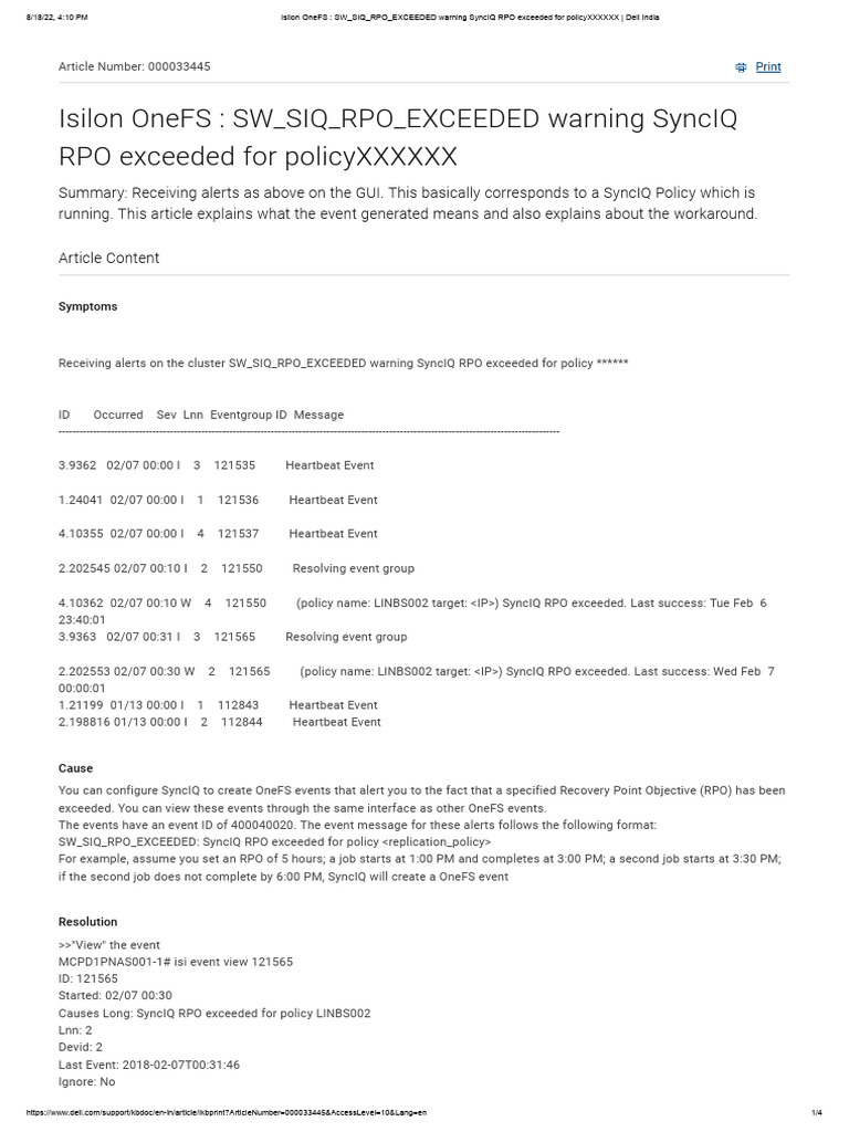 Isilon OneFS - SW - SIQ - RPO - EXCEEDED Warning SyncIQ RPO Exceeded ...