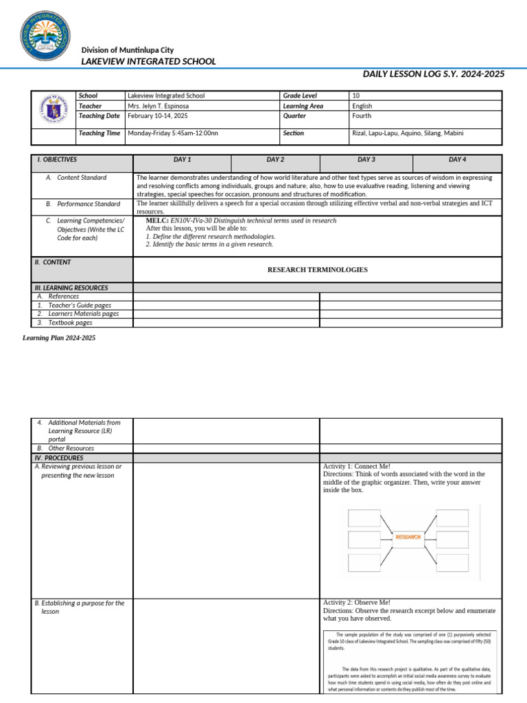 2024-2025 Q4W1 DLP English 10 | PDF | Teachers | Cognition