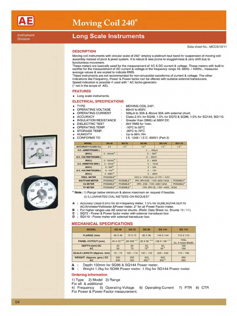 Moving Coil 240° Long Scale Instruments | PDF