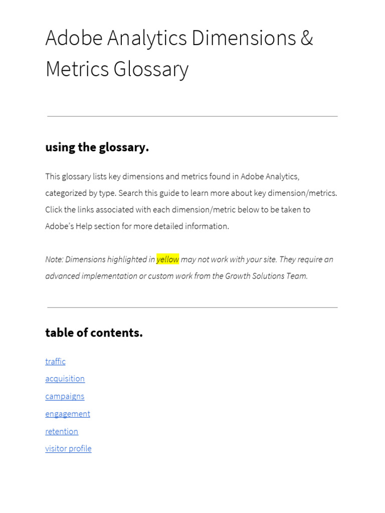 Adobe Analytics Glossary Guide | PDF | Websites | Internet