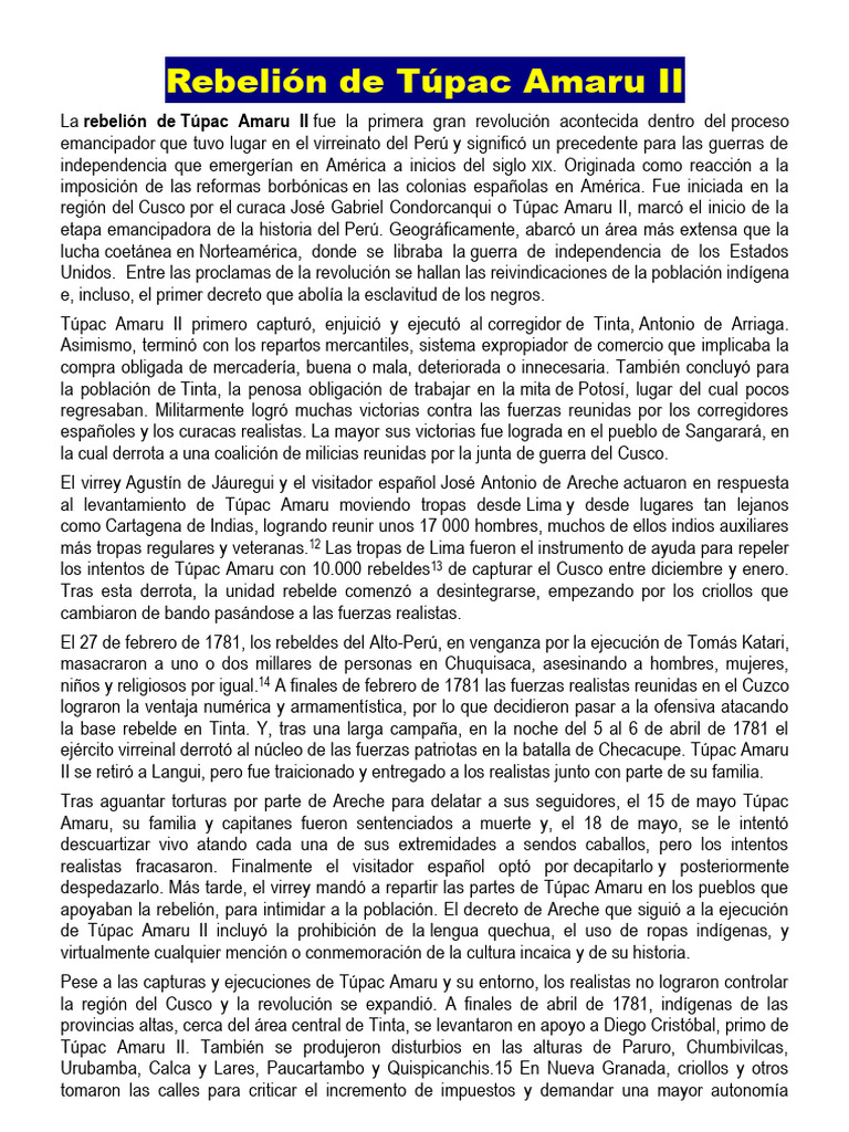 La Rebelión de Túpac Amaru II (Versión Wikipedia) | PDF | Perú | Colonización española de las ...