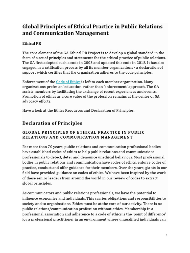 Global Principles of Ethical Practice in Public Relations and ...