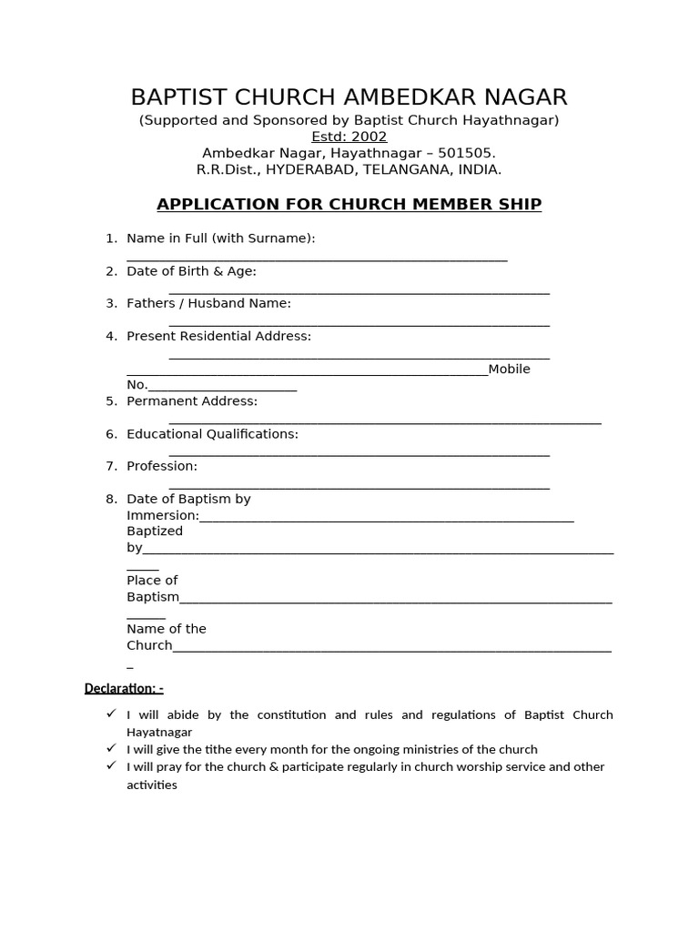 Church Membership Application Form | PDF