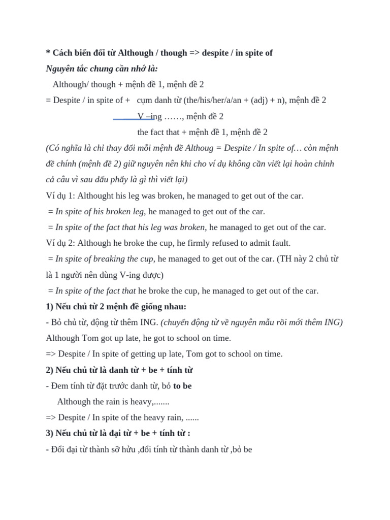 Cách biến đổi từ Although | PDF