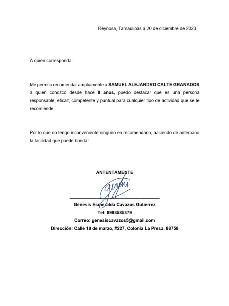 Carta de recomendación para Samuel Calte | PDF