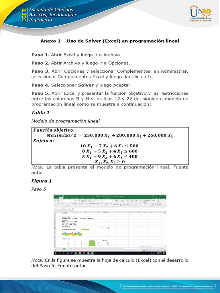 Anexo 1 - Uso de Solver (Excel) en Programación Lineal | PDF | Microsoft Excel | Hoja de cálculo