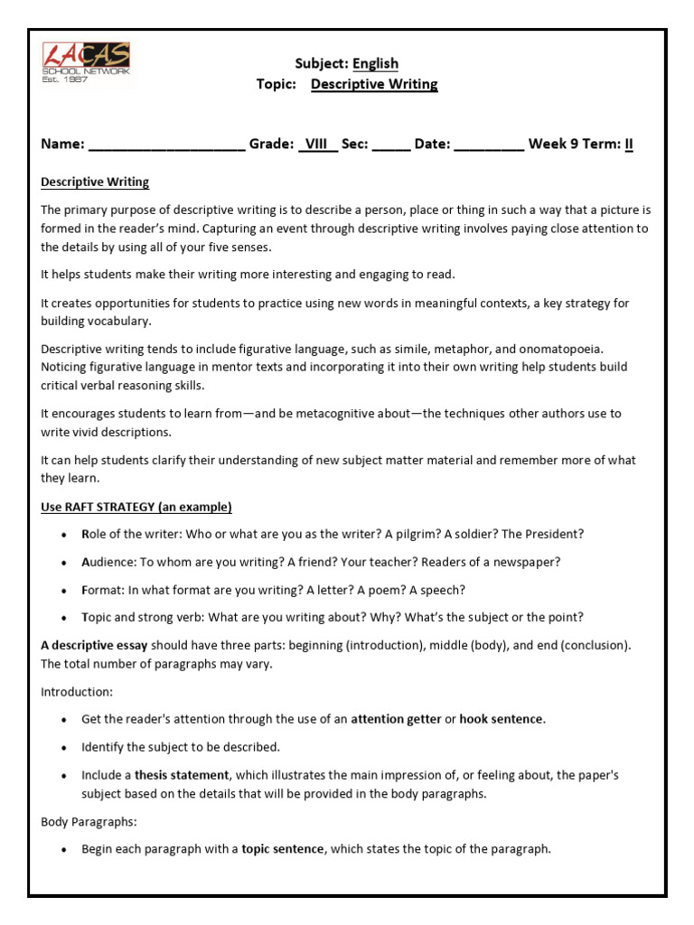 Week 9, Term 2, Grade 8, Descriptive writing | PDF | Attention | Human ...