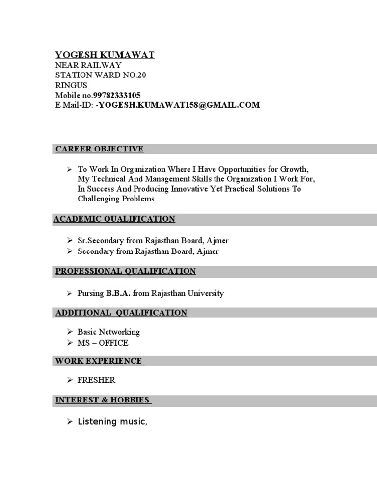 Yogesh Kumawat's Resume Summary | PDF
