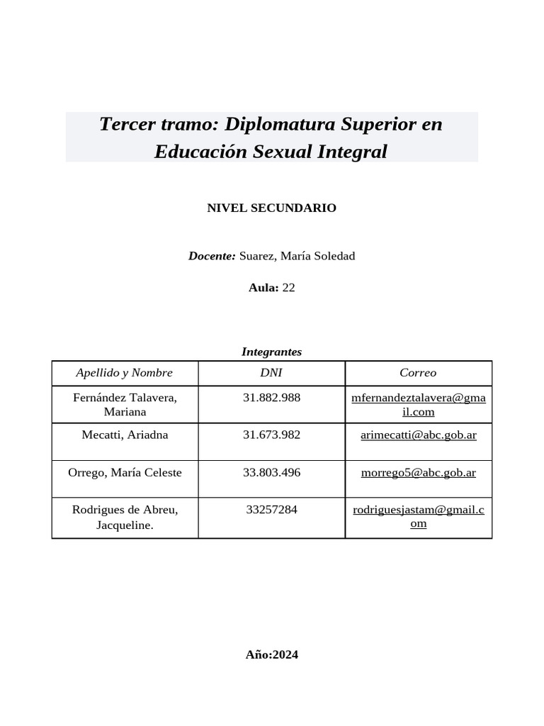 Trabajo Final ESI | PDF | Educación sexual | Enseñando