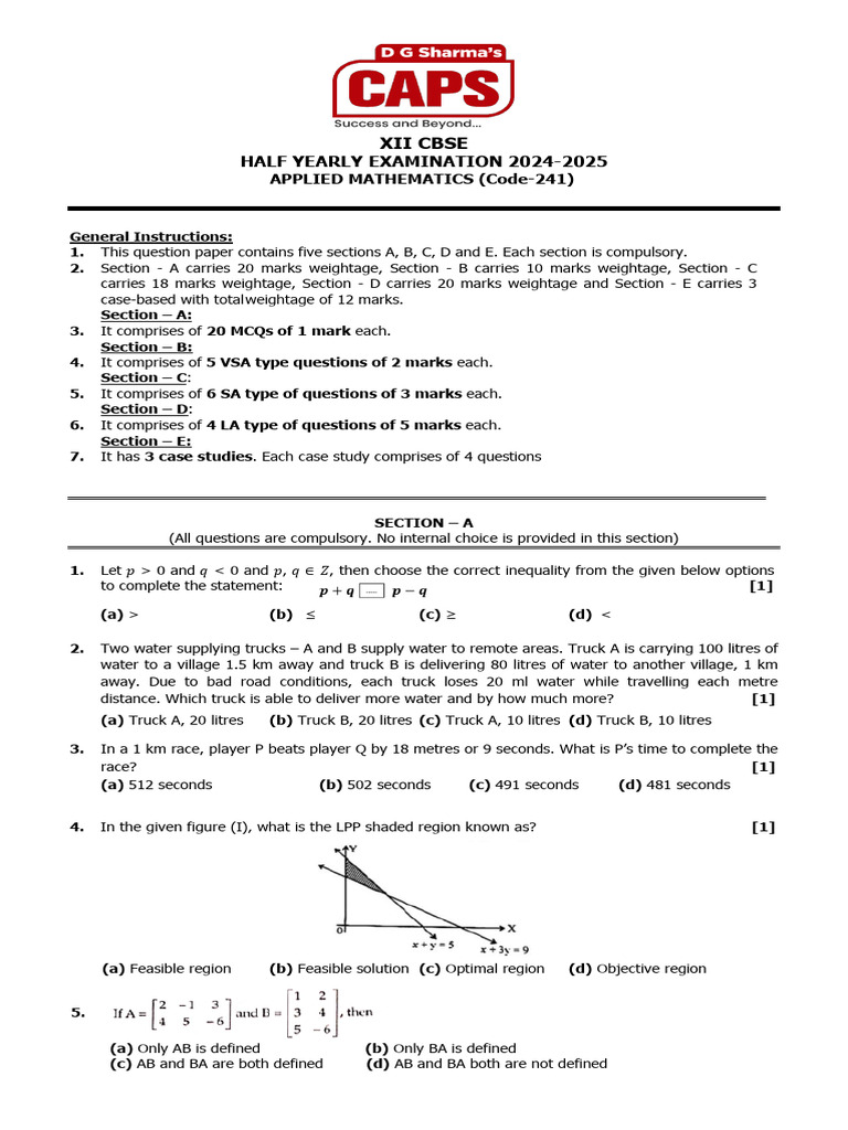 XIICBSE - Applied Mathematics HY Exam - 2024-25 (Que) | PDF | Matrix (Mathematics) | Forecasting