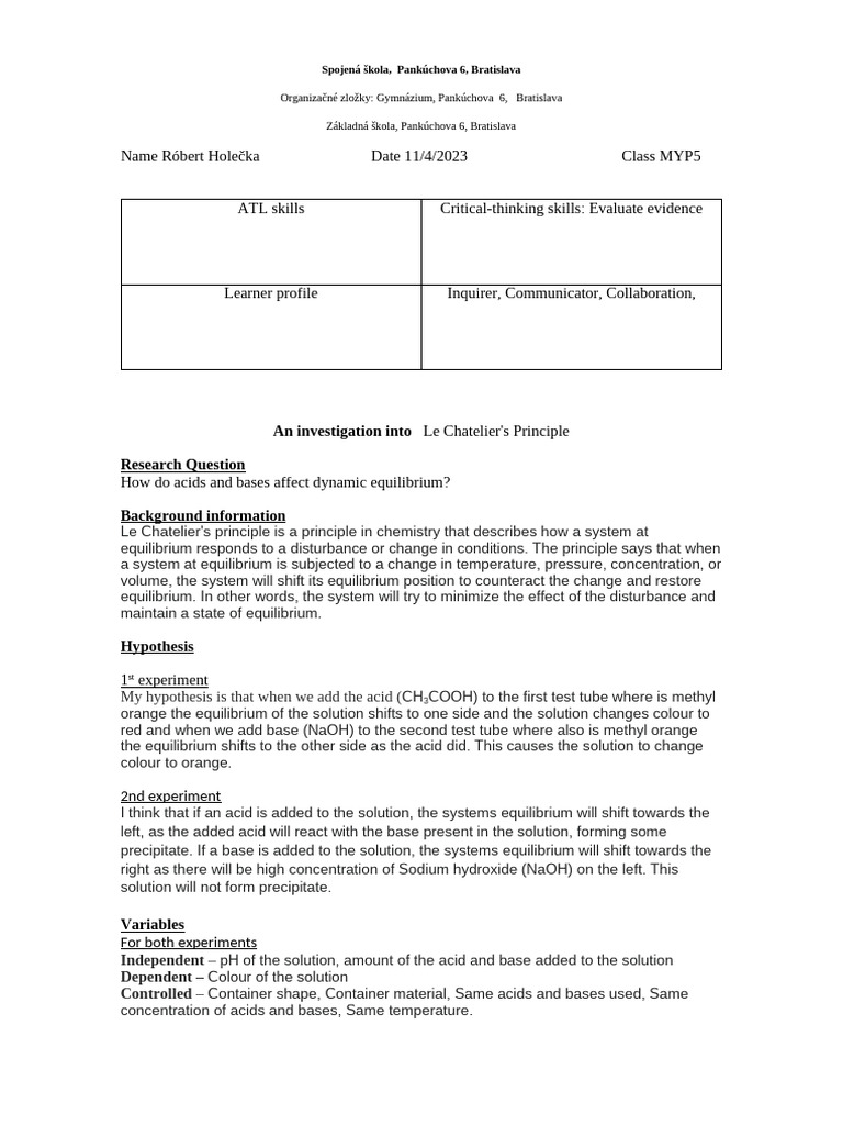 Lab report Bio template Holecka | PDF | Chemical Equilibrium | Sodium ...