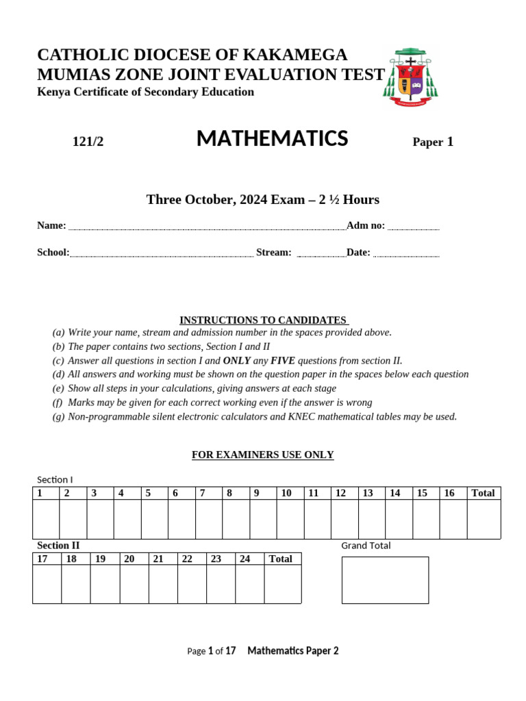MATHEMATICS PP2 QP | PDF | Area | Circle