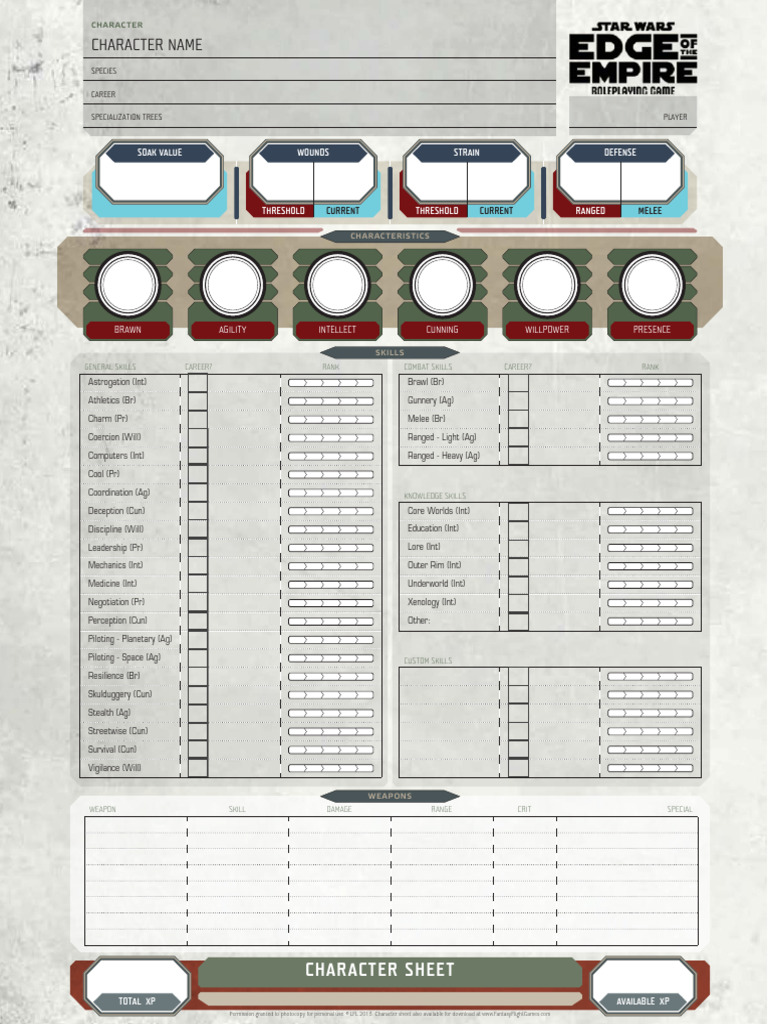 Edge of The Empire - Character Sheet - Fillable | PDF | Gaming