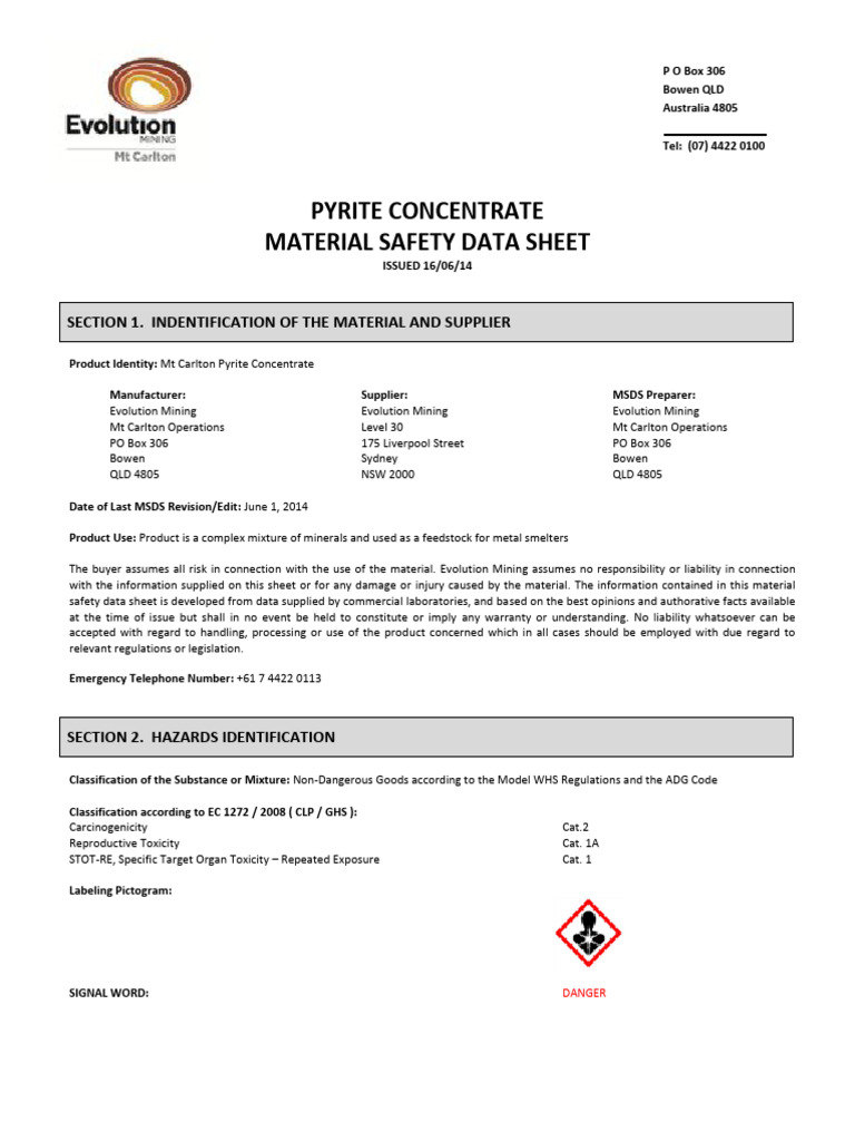 Pyrite Safety Data Sheet MCO | PDF | Chemistry | Materials