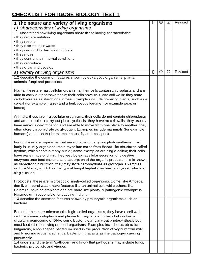 Topic 1 Revision Checklist | PDF | Cell (Biology) | Bacteria