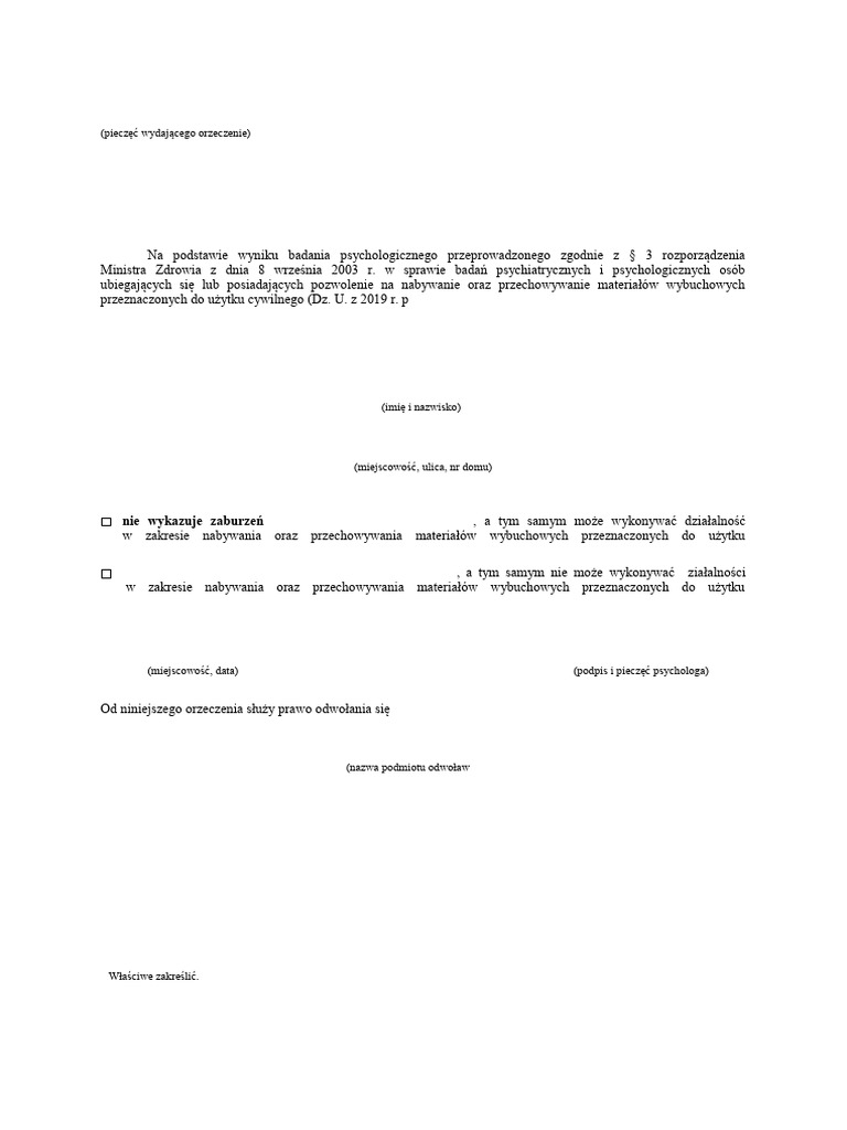 Wzor Zaswiadczenie Psychologiczne Materialy Wybuchowe Do Celu Cywilnego | PDF