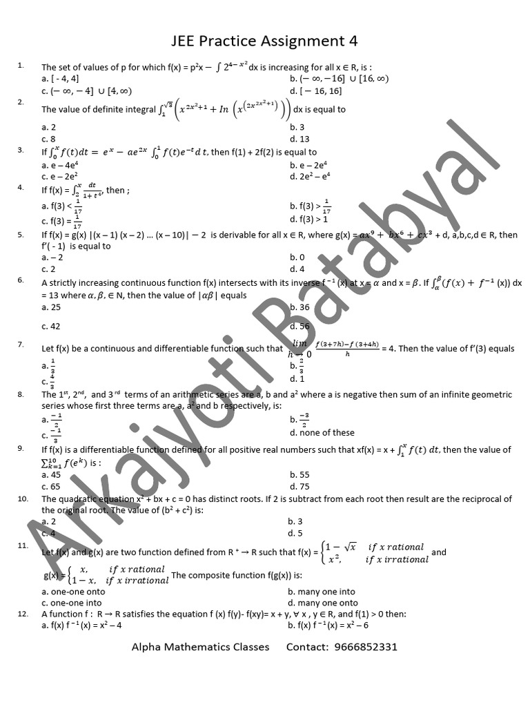 JEE Practice Assignment 4 | PDF | Function (Mathematics) | Equations