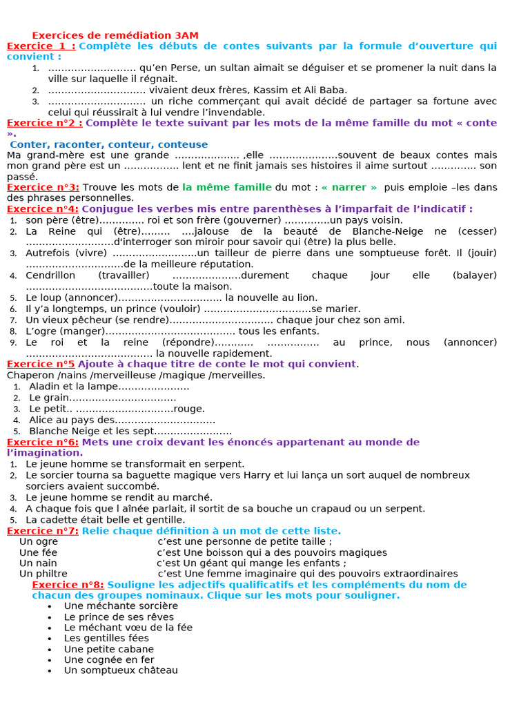 Exercices de remédiation français 3AM | PDF