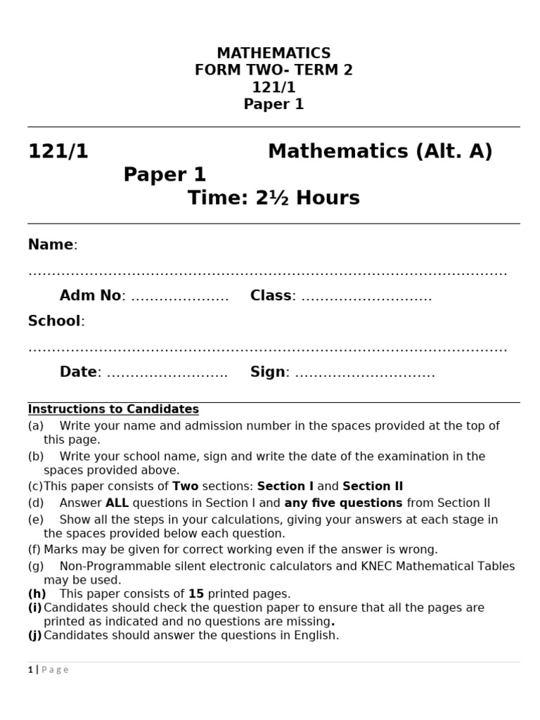 Form 2 Math Exam Paper 1 | PDF | Line (Geometry) | Area