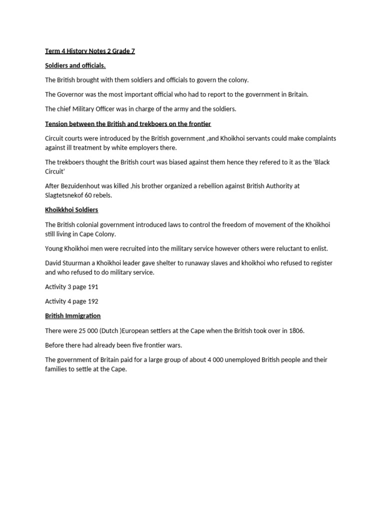 Grade 7 Term 4 History Notes: British Colonial Impact | PDF | Slavery ...