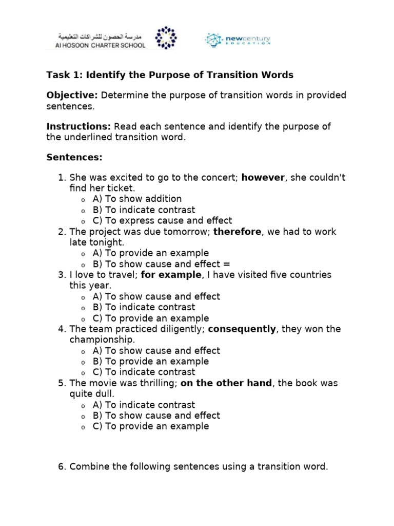 Transition Words - Differentiated Activities | PDF | Word | Psychology