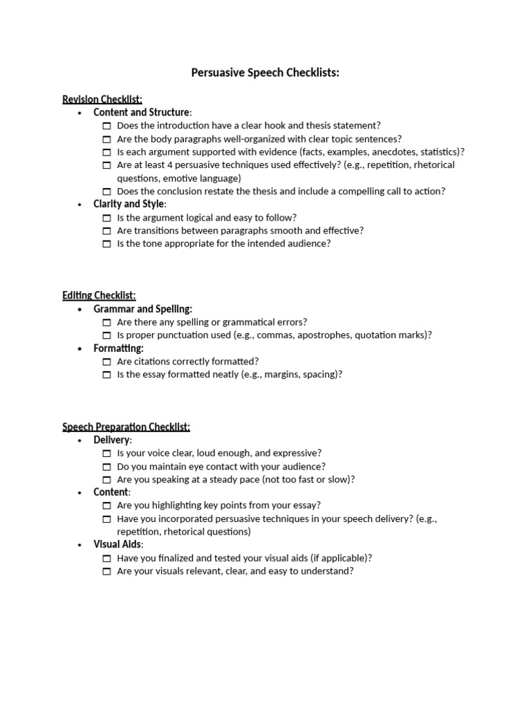 Persuasive Speech - Checklists - Rivision - Editing - Speech | PDF