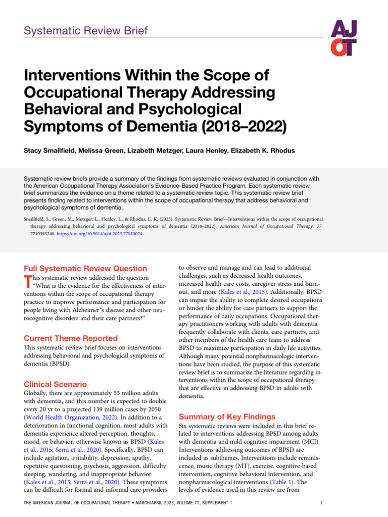 OT Interventions Addressing Behavioral and Psychological | PDF ...