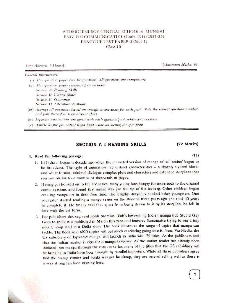 Pre Board English Set 1 AECS 6 | PDF
