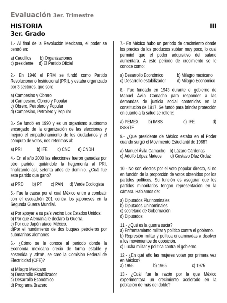 Examen Hist, Fce, Esp y Ciencias 3T 2023 Sin Resp | PDF | Reacciones químicas | Ejecutivo (gobierno)
