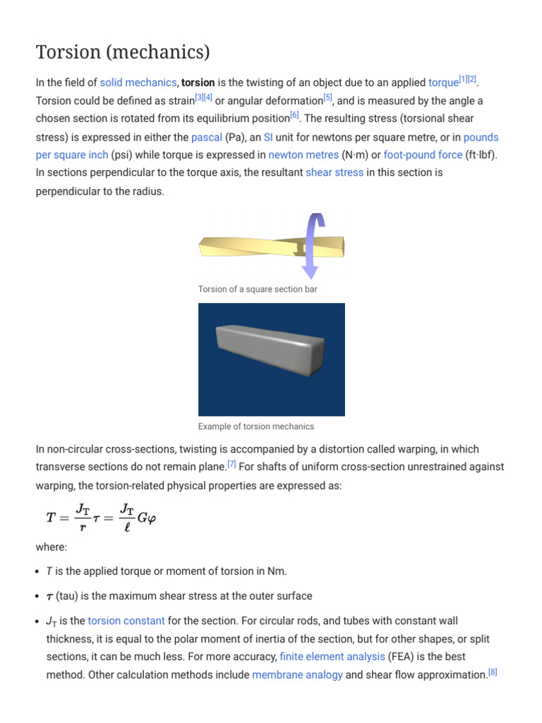 Torsion (Mechanics) - Wikipedia | PDF | Stress (Mechanics) | Torque