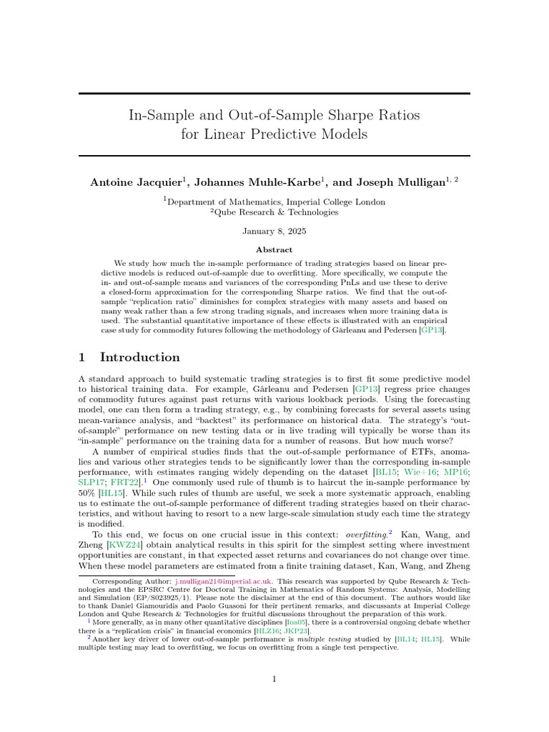 In-Sample and Out-Of-Sample Sharpe Ratios For Linear Predictive Models | PDF | Estimator ...