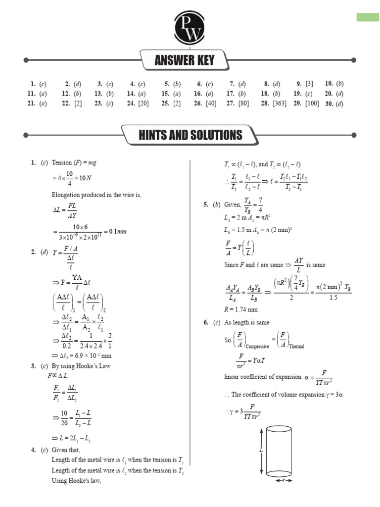 Mechanical Properties of Solids and Fluids - PYQ Sheet (Solutions) - Manzil JEE 2025 | PDF ...