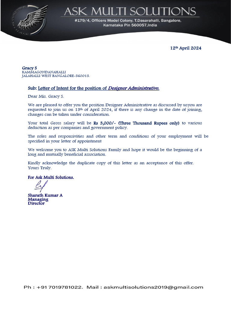 Appointment Letter Gracy S | PDF